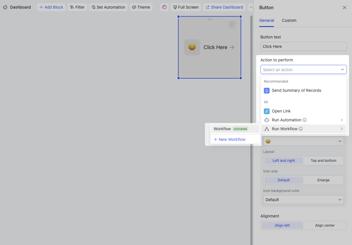 Use button blocks in Base dashboards
