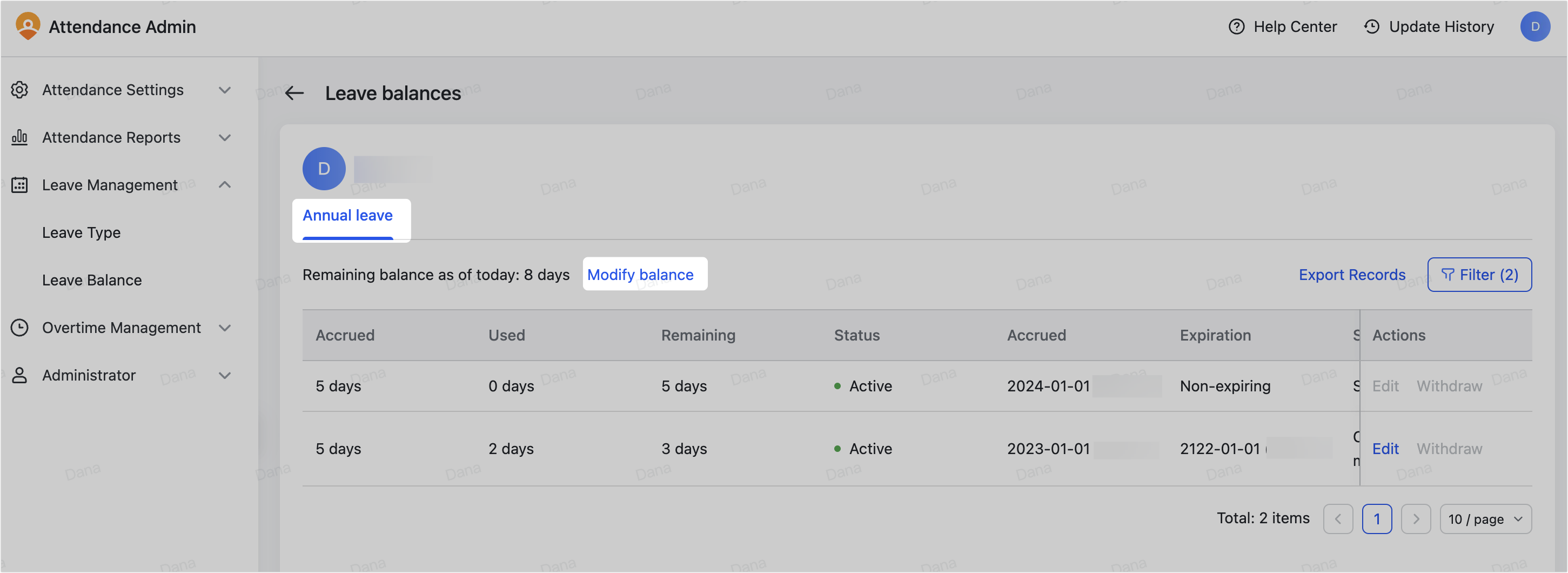 Admin | Manage leave balances