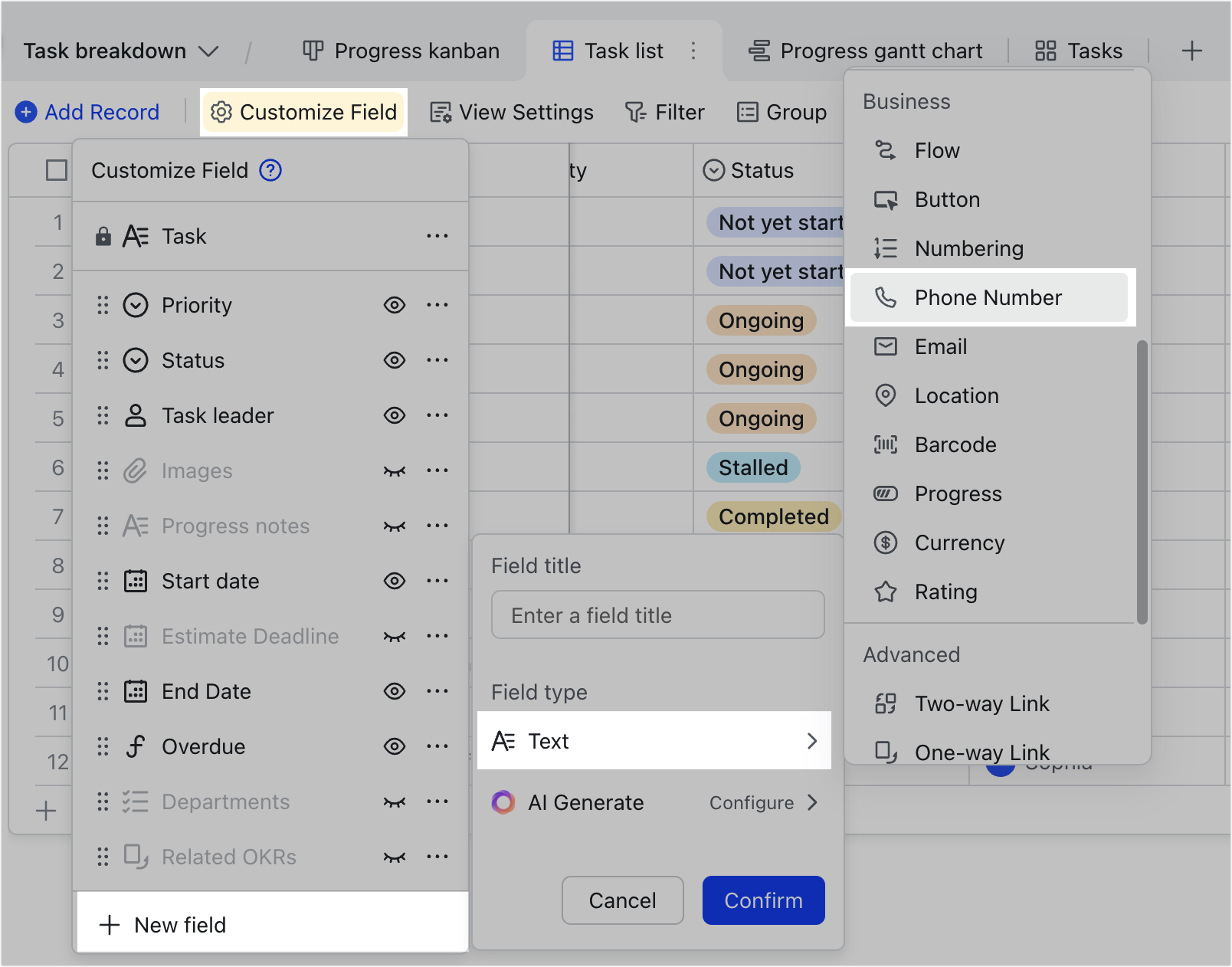 Use phone number fields in Base