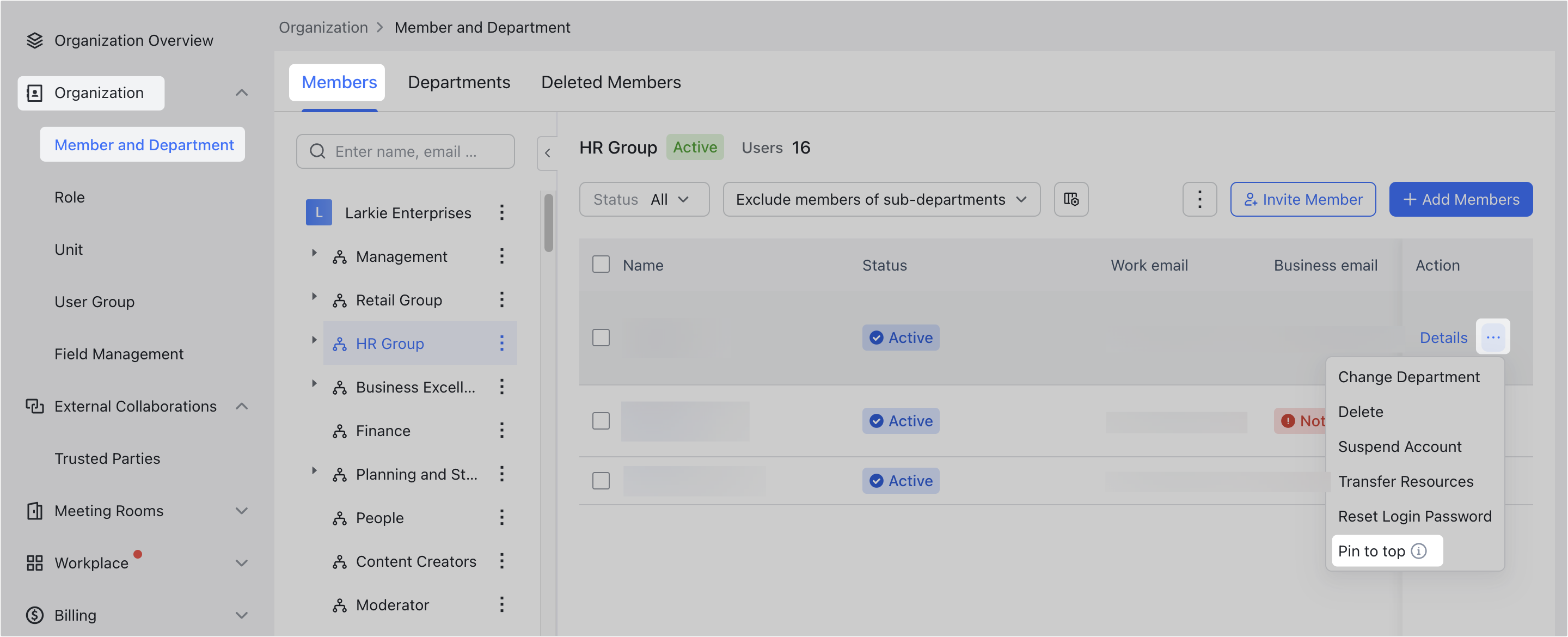 Admin | Pin members in the department members list