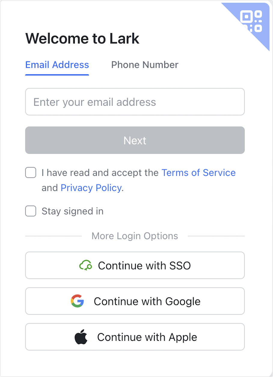 Log in to your account using Lark business email
