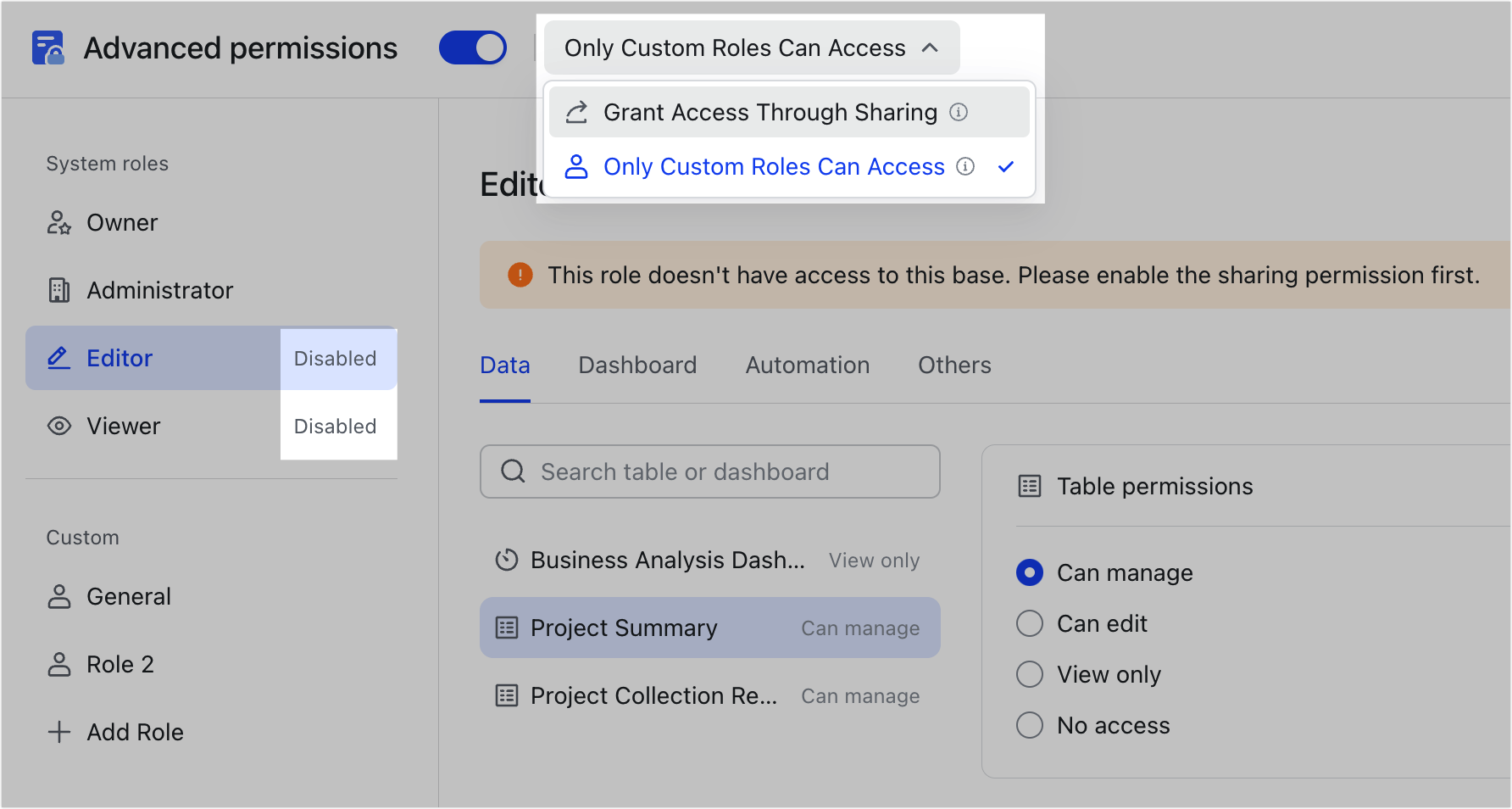 Overview of advanced permission roles in Base